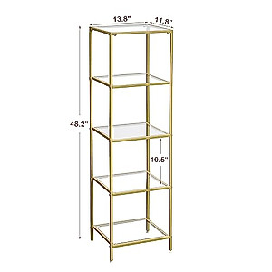 Homhedy 5-Tier Bookshelf,Metal Bookcase,Tempered Glass Shelves,Storage Rack Shelf for Home Office ,Living Room,Bedroom, Bathroom,Modern Style,Golden