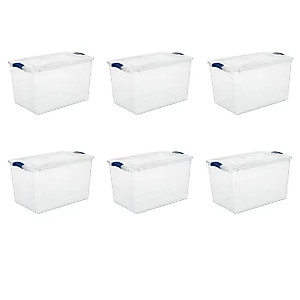 LJING 66 Qt Latch Box Clear Plastic Stackable Storage Bin w/Blue Latching Lid Organizing Solution, Set of 6