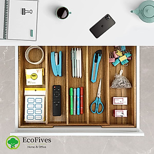 EcoFives Bamboo Drawer Utensil Organizer Expandable 7Slots + Acacia Silverware Organizer Adjustable 5 Slots