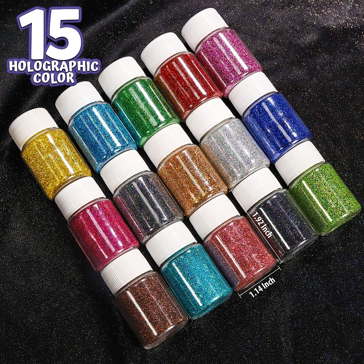 Holographic Fine Glitter, LEOBRO 15 Colors Extra Fine Resin Glitter Powder, Craft Glitter for Resin Jewelry Art Crafts Making, Cosmetic Glitter for Nail Body Face Hair, with 10 PCS Stir Spoons