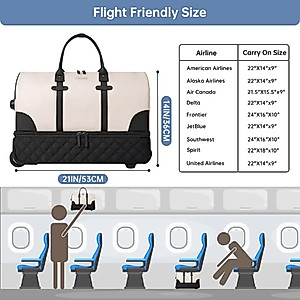 ETRONIK Rolling Duffle Bag with Wheels, 21 Inch Flight Approved for Travel Toiletry Bag, Carry on Luggage Overnight Bags Women Shoe Compartment, Beige