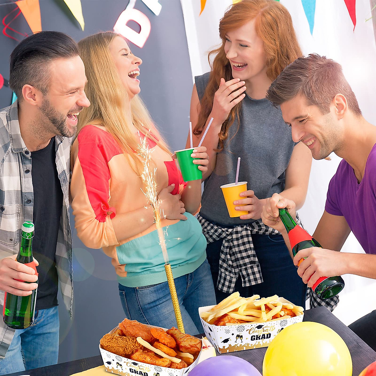 50 Pcs Graduation Snack Trays Disposable Food Holder Congrats Grad Paper Food Trays Wedding Popcorn Tray Birthday Party Supplies for Graduation Party Supplies Popcorn Decoration Platter (Black)