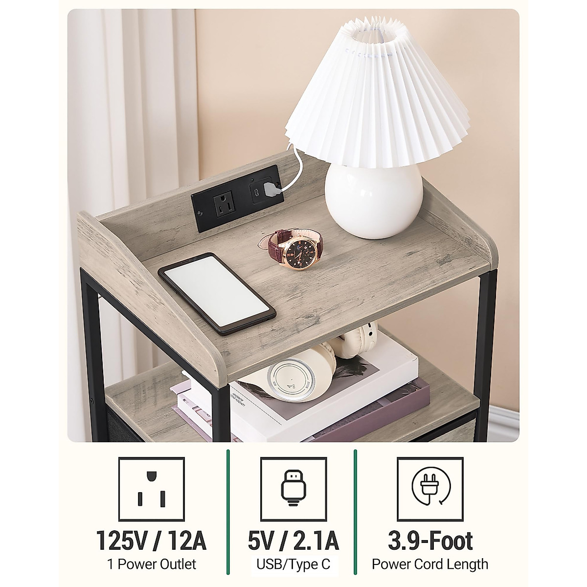 Hzuaneri Nightstands with Charging Station, End Table with 2 Fabric Storage Drawers and Shelves, Modern Side Table with USB Ports & Power Outlets, Greige NS30405B