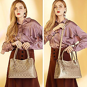 Leather Handbags for Women, Split Cowhide Lock Chain Pattern Ladies Top-handle Bag with Adjustable Shoulder Strap Women's Pocketbooks Tote Bag Womens Leather Crossbody Purses and Handbags (Gold)