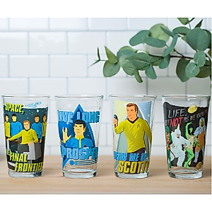 Silver Buffalo Star Trek Quotes Kirk, Spock, McCoy, and Uhura 4pc Pint Glass Set, 16 Ounces