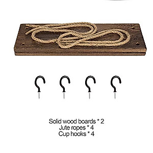 Yankario Rope Hanging Floating Shelves, Rustic Wood Wall Decor Swing Shelf with 4 Hooks, Pack of 2
