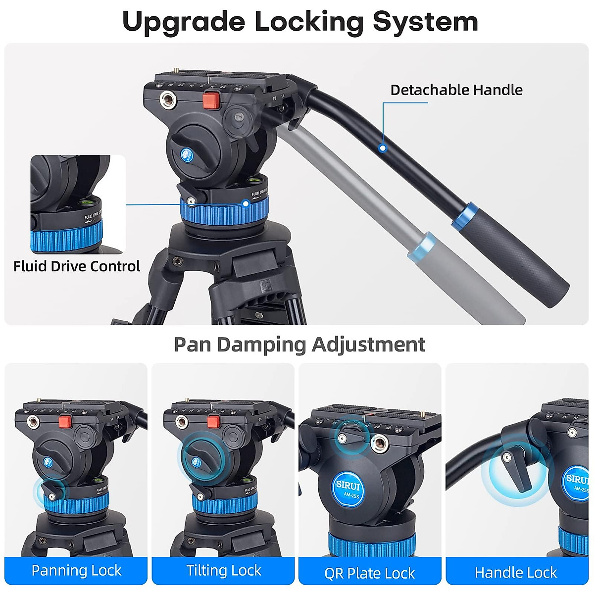 SIRUI AM-25S Video Tripod, 74.8" Professional Heavy Duty Tripod with Adjustable Damping Fluid Head for DSLR, Camcorder, Cameras, 360° Pan & +90°/-75° Tilt, Quick Release Plate, Max Load 22.0lb