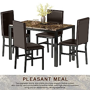 Recaceik Dining Room Table Set for 4 Modern Dinner Table Set for 4 Faux Marble Kitchen Table and Chairs for 4, 5 Piece Dining Table Set w/Leather Upholstered Dining Chairs for Small Spaces