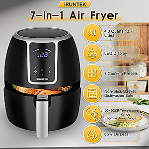iRUNTEK Small 7-in-1 Air Fryer, 1400W 4 Quart Air Fryer for Healthy Cooking, Using Friendly, LED Display, Separate Non-stick Basket, Black