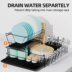 Buruis 2 Tier Dish Drying Rack with 2 Drainboard, Small Dish Rack with Cutting Board Cutlery Holder, Cup Rack, Compact Metal Dish Drainer Tray for Kitchen Counter Cabinet (Black)