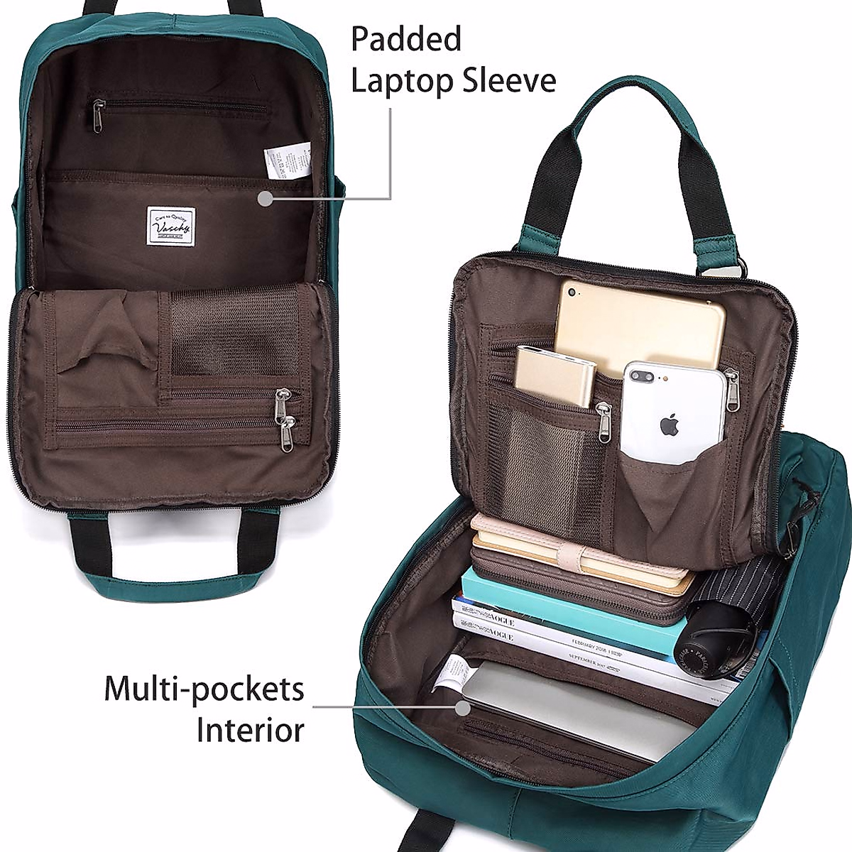 VASCHY School Backpack for Men and Women, Unisex Vintage Water Resistant Casual Daypack Rucksack Bookbag for College Fits 15inch Laptop Blackish Green