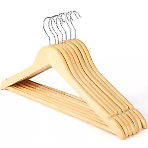 Wood Clothes Hanger Classic 10 Pack - Wooden Hangers 10 pcs - Slightly Curved Hanger Set - Solid Coat with Stylish Chrome Hooks - Heavy-Duty Clothes, Jacket, Shirt, Pants, Suit Hangers