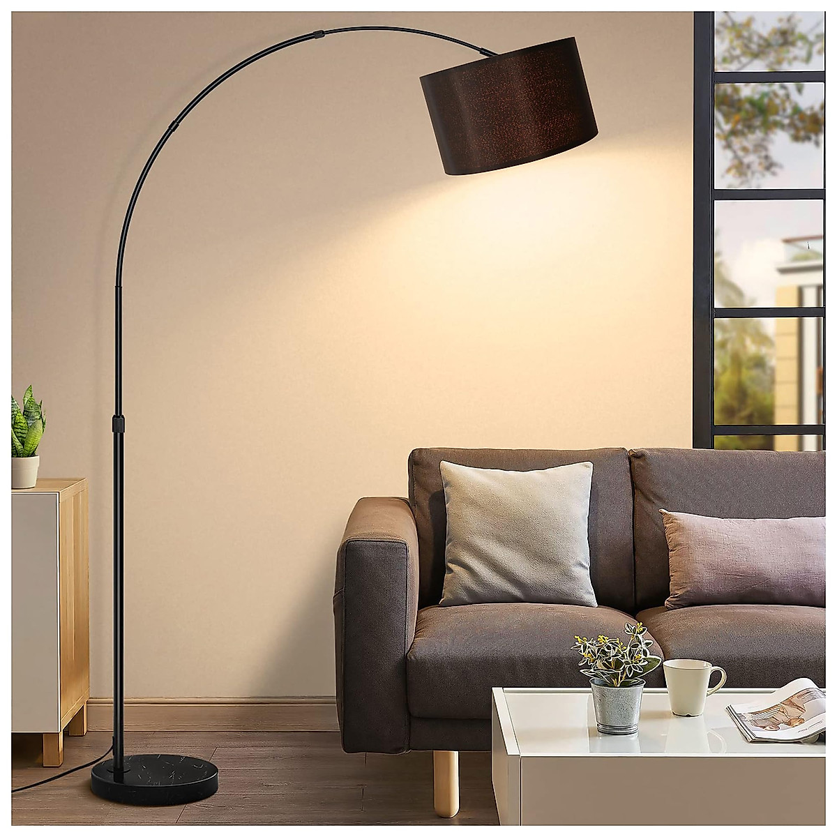 Arc Floor Lamp Modern Standing Lamp for Living Room Dimmable 72” Tall Floor Lamp Stand Up Reading Lamp Over Couch with Hanging Drum Shade Marble Base for Bedroom Reading Study Office
