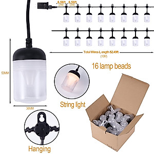 DREAMARK String Lights Indoor Outdoor 52 FT Weatherproof LED Bulbs Strings with 8 Lighting Model 16 Warm White Shatterproof Bulbs for Patio Garden Bistro Wedding Backyard Festival Decoration