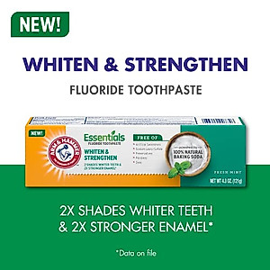 ARM & HAMMER Essentials Whiten & Strengthen Fluoride Toothpaste-4 Pack of 4.3oz Tubes, Fresh Mint- 100% Natural Baking Soda- Fluoride Toothpaste