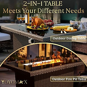 Yoyomax 44-Inch Black Glass Top Firepit Table 60,000 BTU Flame, Hand Weave Rattan, Aluminum Frame, Wind Guard, Waterproof Cover & Fire Beads, Outdoor Fire Table for Patio, Garden, Resto Hotel