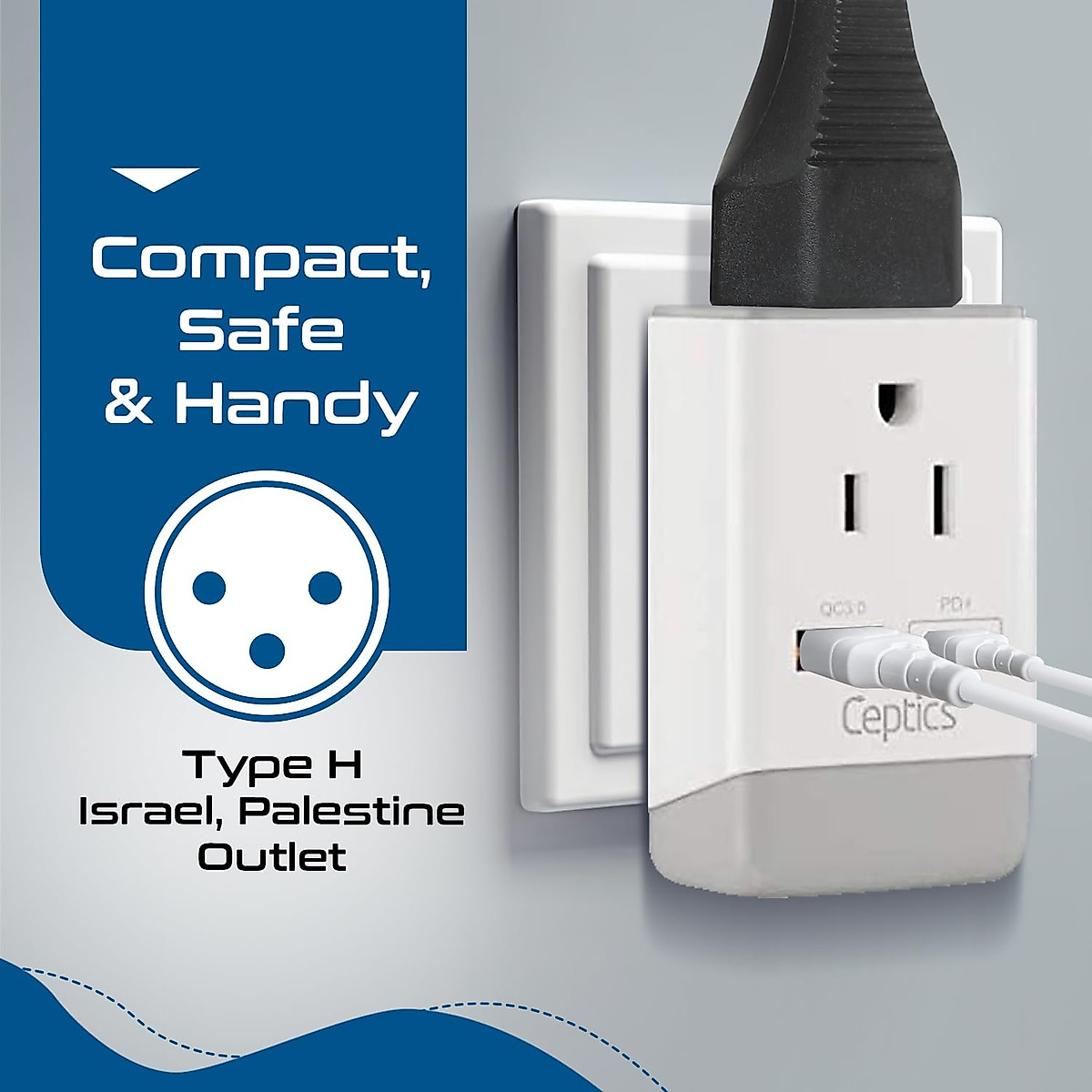 Ceptics Israel Travel Adapter 2 Pack Set, QC 3.0 & PD, Safe Dual USB & USB-C - 2 USA Socket Compact & Powerful - Use in Palestine, Gaza Strip - Type H - AP-14 - Fast Charging (AP-14-2PK)