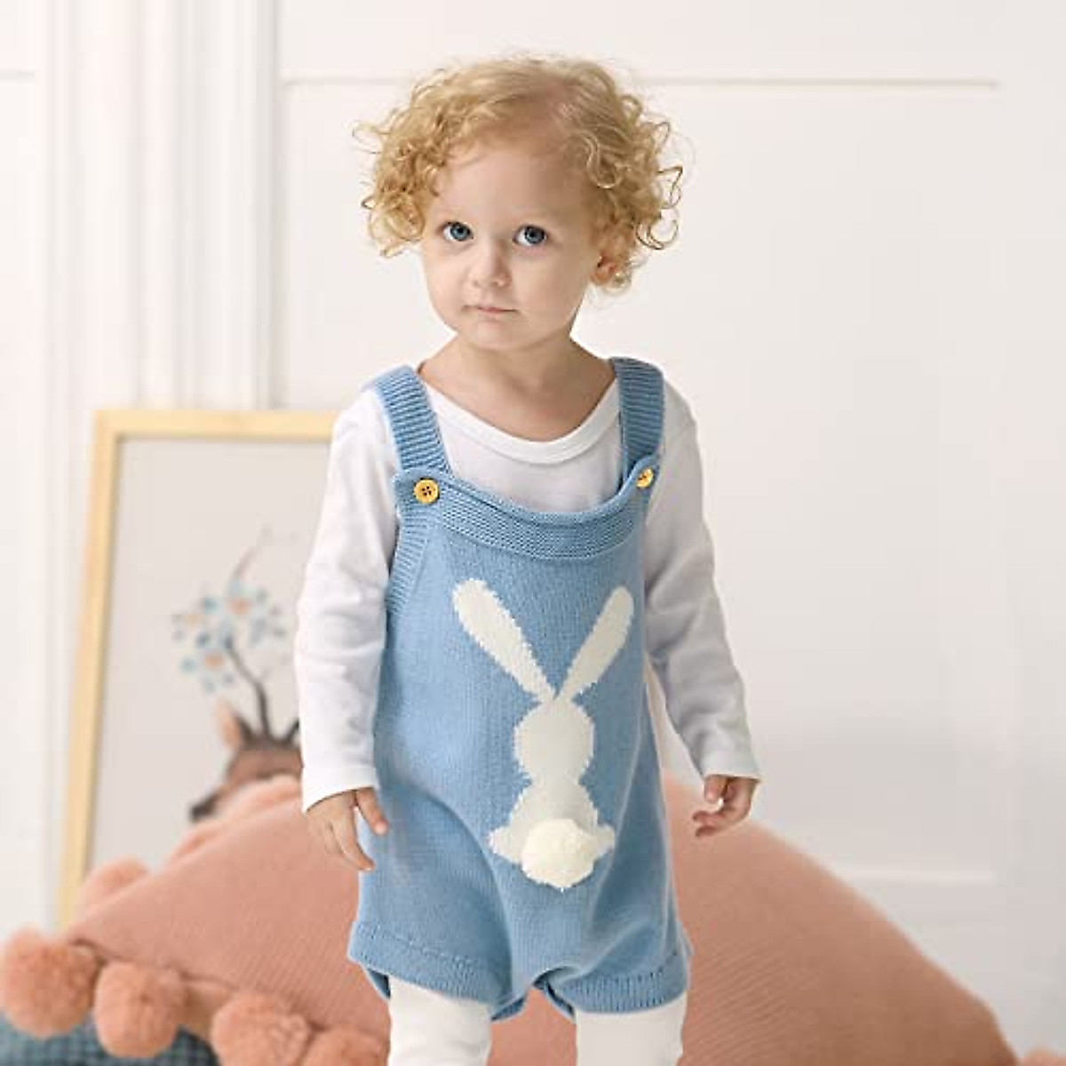 mimixiong Baby Bunny Easter Knit Rompers Clothes Sleeveless Toddler Jumpsuit Cute Outfit Blue 3-6 Months