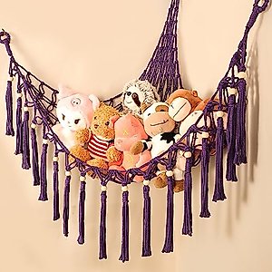 Razella Purple Stuffed Animal Net or Hammock with LED Light Net for Stuffed Animals Corner Plush Animal Storage Hammock for Wall Bedroom Living Boho Kids Room Decor