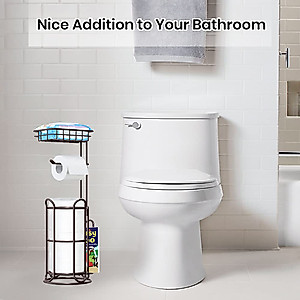 Toilet Paper Holder Free Standing with Shelf Bathroom Magazine Holder Bath Tissue Roll Holder for Mega Rolls/Phone/Wipe-Bronze