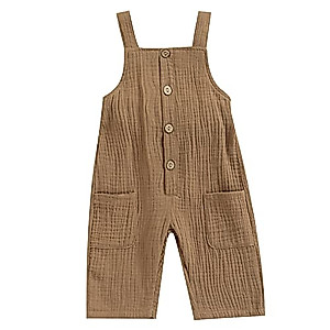Mubineo Toddler Baby Girl Boy Solid Pocket Overalls Comfy Overall Romper Jumpsuit (Brown, 12-18 Months)