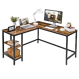 HOOBRO L-Shaped Computer Desk, Industrial Corner Writing Desk with Adjustable Shelves, Study Workstation for Home Office, Easy Assembly, Stable and Space-Saving, Rustic Brown and Black BF35DN01