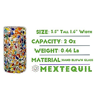 MEXTEQUIL - Authentic Mexican Tequila Shot Glasses - Tequila Set of shot glasses - 4 pcs - 2 Oz - Mexican Hand Blown Shot Glass (Confetti)