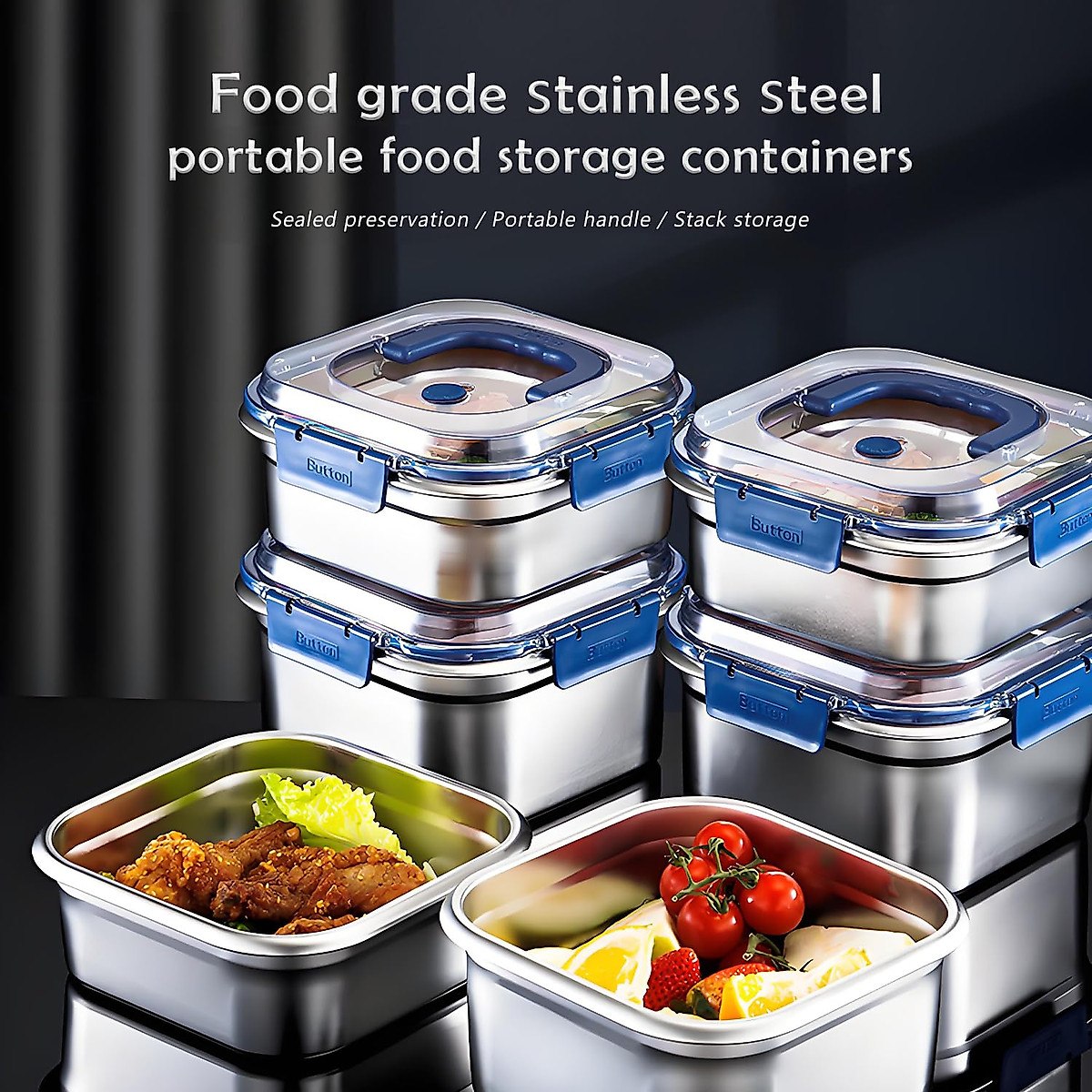 podafu stainless steel food containers with lids,Extra-thick type,HEAT-RESISTING,with 4 Locking Tabs, Microwave, Dishwasher, and Freezer Safe