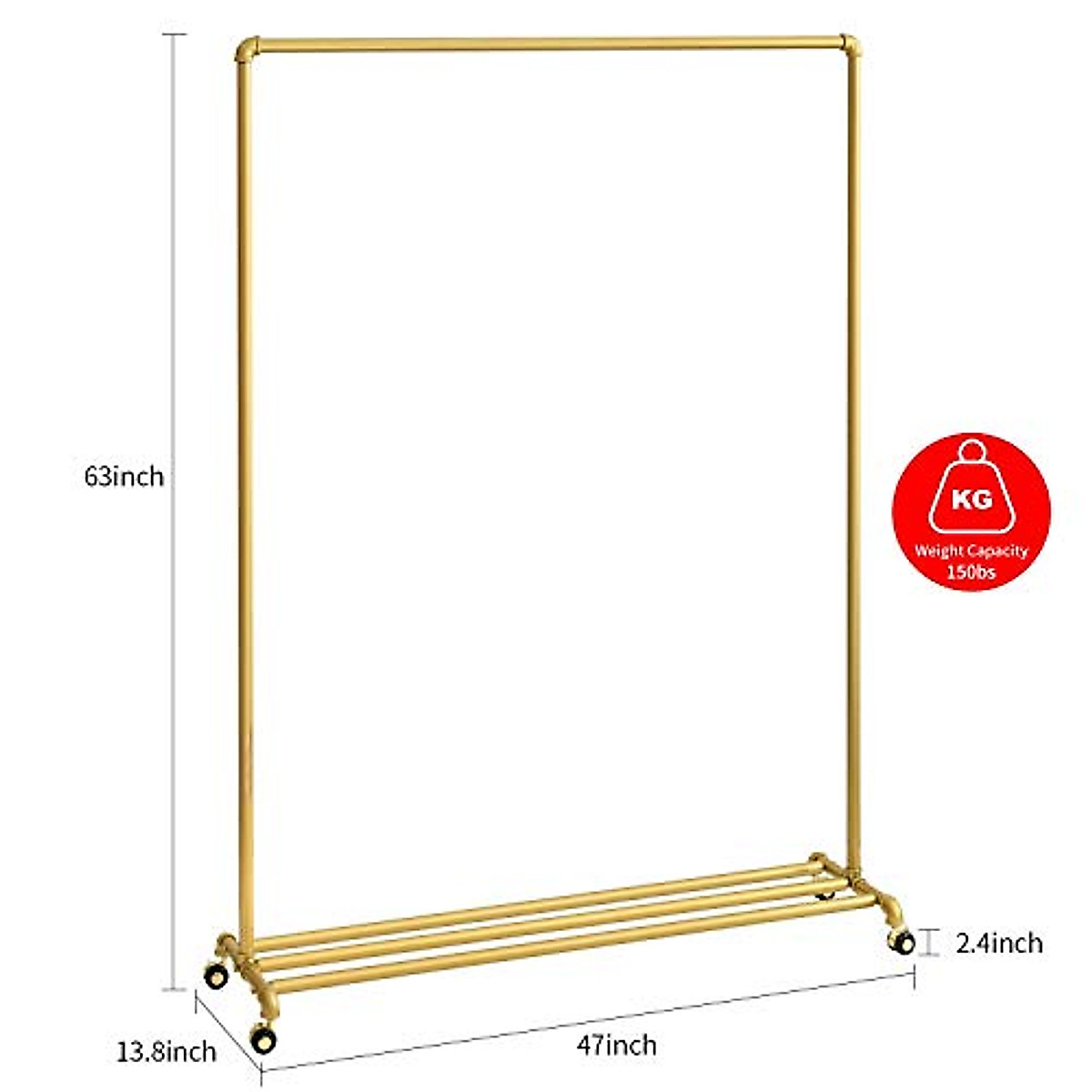 BOSURU Industrial Pipe Rolling Clothing Rack Garment Rack with Wheels Retail Display Clothes Racks Perfect for Laundry Rooms Bedrooms or Boutiques Gold