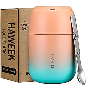 HAWEEK Insulated Food Container 17 oz Soup Thermo for Hot Food Adults, Stainless Steel Vacuum Lunch Box with Folding Spoon, Adult Kids Thermo Portable with Handle for School, Office, Outdoor