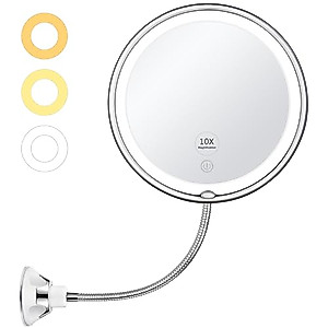 KEDSUM Lighted Makeup Mirror, 10X Magnifying Makeup Mirror with Suction Cups, Upgraded 3 Colors & Dimming Lights, 360° Swivel Flexible Mirror, Magnifying Travel Vanity Mirror for Bathroom Shaving