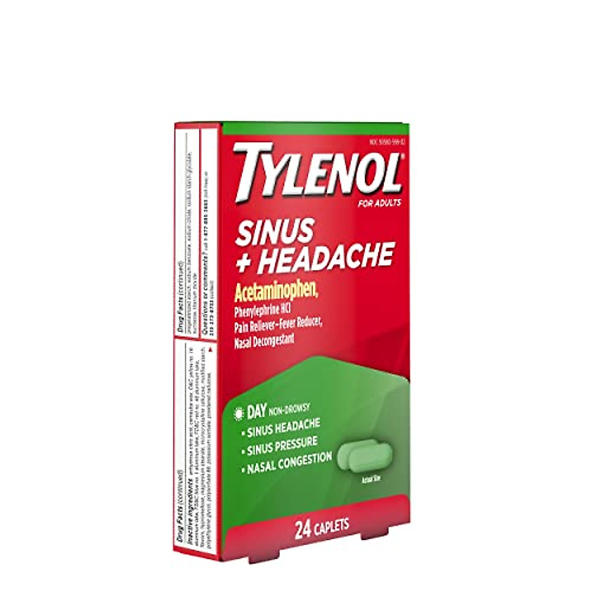 Tylenol Sinus + Headache Daytime Non-Drowsy Relief Caplets, Acetaminophen 325mg, Nasal Decongestant for Sinus Pressure, Headache & Nasal Congestion Relief, 24 ct