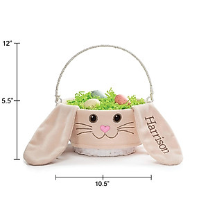 Personalized Easter Egg Basket with Handle and Custom Name in Brown Script | Floppy Ear Bunny Easter Basket Liners | White Basket | Woven Easter Baskets for Kids | Customized Easter Basket