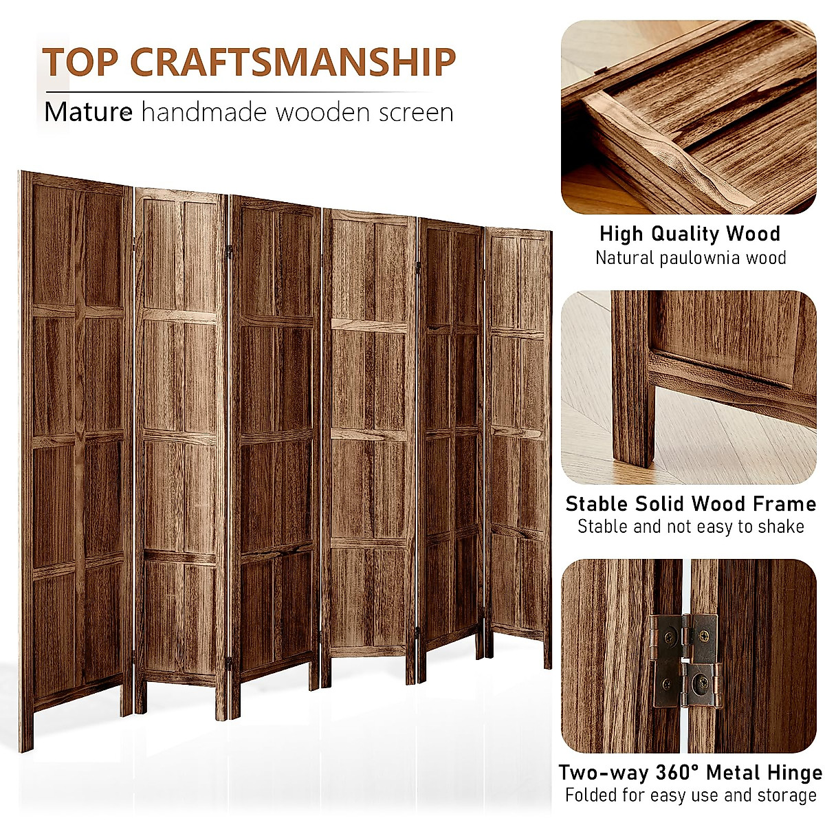 BMWEI 4 Panel Room Divider, 5.6 FT Folding Privacy Screen Room Divider, Partition Divider for Room Separation, Wooden Room Screen Divider Freestanding, for Home Office, Bedroom (Brown)