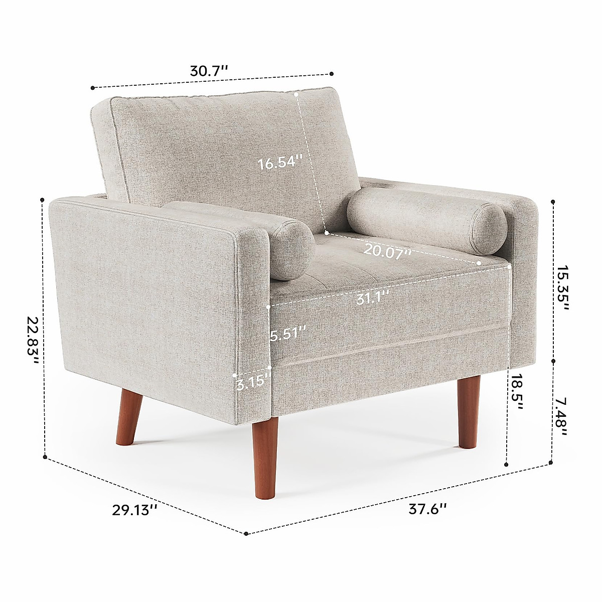 koorlian Beige Accent Chairs, Mid Century Modern Accent Chair with Track Armrest, Button Tufted Armchair, 2 Bolster Pillow, Linen Fabric Single Sofa Chair for Living Room/Bedroom/Office