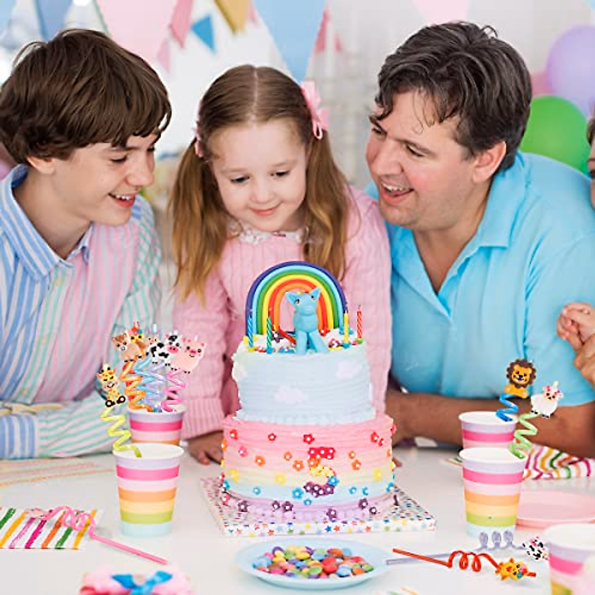 BravOne 24 PCS Farm Animal Plastic Straws, Reusable Colorful Drinking Straws with Chicken Rabbit Sheep Horse Cow Pig Lion Giraffe Pattern for Birthday Party Supplies 2 Cleaning Brushes (Farm Animal)