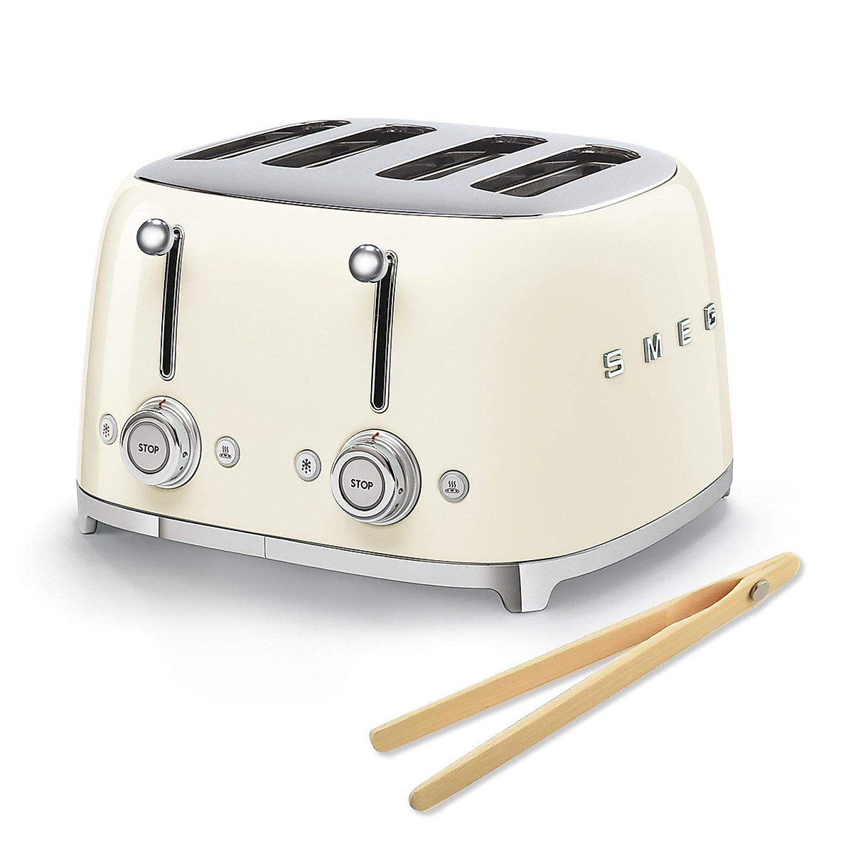 Smeg 50s Retro 4-Slot Toaster TSF03CRUS Bundle with Bamboo Tongs - Cream