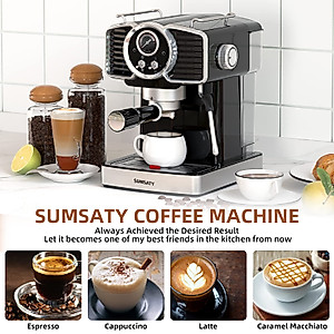 SUMSATY Espresso Coffee Machine 20 Bar, Retro Espresso Maker with Milk Frother Steamer Wand for Cappuccino, Latte, Macchiato, 1.8L Removable Water Tank, ETL Listed, Coffee Spoon, Vintage Black