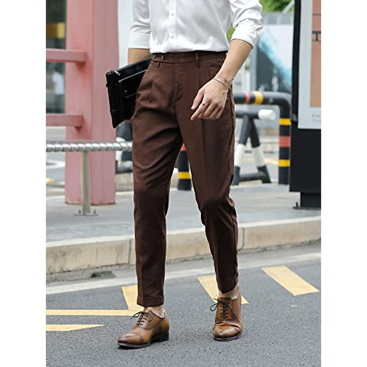 SweatyRocks Men's High Waist Fold Pleated Crop Suit Pants Work Office Business Long Trousers with Pockets Coffee Brown M