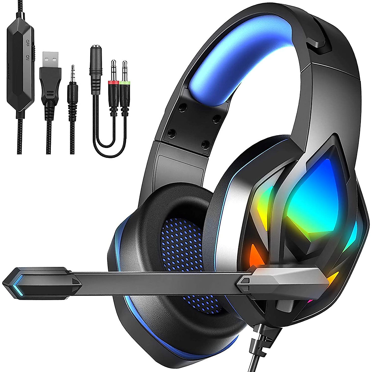 Donerton Gaming Headset, Over-Ear Gaming Headphones with Noise Canceling Mic, Stereo Bass Surround Sound, LED Light, Soft Memory Earmuffs PS4 Gaming Headset Compatible with PC, Laptop,Tablet