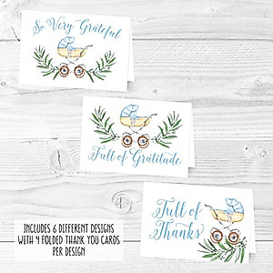 24 Blue Carriage Baby Shower Thank You Cards With Envelopes, Boy Sprinkle Thank-You Note, 4x6 Gratitude Card Gift For Guest Pack, Gender Reveal DIY So Grateful Greenery Vintage Varied Event Stationery