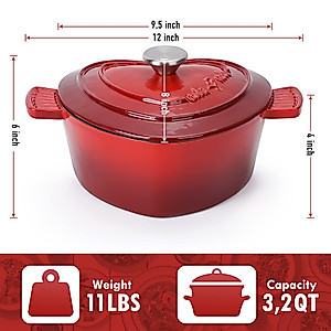 MIAMIO - Enameled Cast Iron Dutch Oven (3.2 Quart, 10 Inch) in Heart Shape Non Stick Pot/Gift for Christmas, Suitable for All Heat Types + Oven