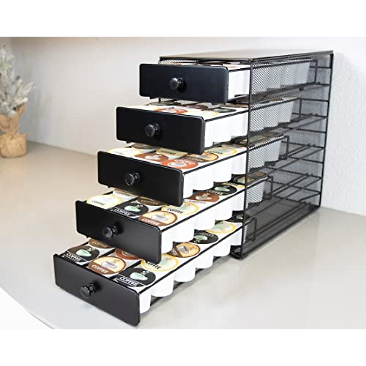 Nifty Coffee Pod Drawer – Black Satin Finish, Compatible with K-Cups, 90 Pod Pack Capacity Rack, 5-Tier Holder, XXL Storage, Stylish Home or Office Kitchen Counter Organizer