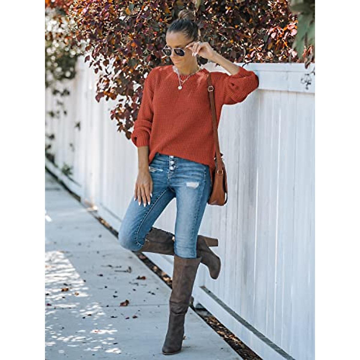 MEROKEETY Women's 2023 Casual Fall Waffle Knit Sweater Long Balloon Sleeve Loose Pullover Jumper, Rust, M