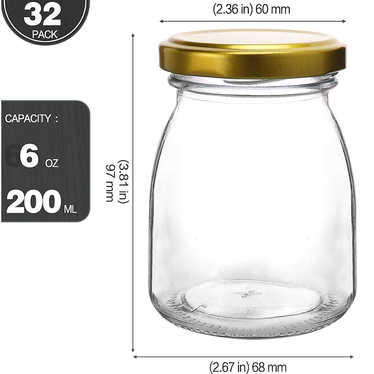 KAMOTA lass Jars, 32 PACK 6 oz Clear Yogurt Jars With Gold Lids, Glass Pudding Jars Yogurt Jars Ideal for Jam, Honey, Wedding Favors, Shower Favors(200ml)