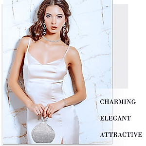 MTLEE 4 Pieces Rhinestone Necklace Choker Bracelet Earring Clutch Purses Jewelry Set Women Crystal Triangle Bling Diamond Purse Rhinestone Bag for Wedding Party (Silver)