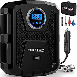 FORTEM Tire Inflator Portable Air Compressor 150 PSI, 12V Electric Bike Pump for Car Tires and Bicycles with LED Light, Digital Tire Pressure Gauge w/Auto Pump/Shut Off, Carrying Case (Black)