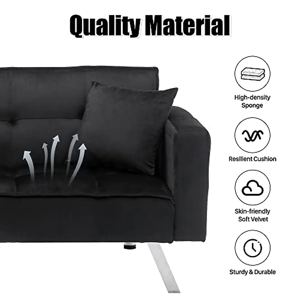 civama Futon Sofa Bed, 74" Modern Velvet Convertible Folding Lounge Couch, Upholstered Twin Size Sleeper Sofa with Arm 2 Pillows Split Back Design and Silver Metal Legs for Compact Space, Black