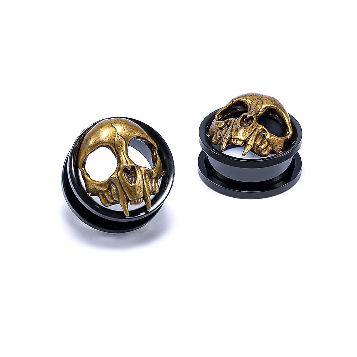 POBAISITER 2PCS Stainless Steel Ear Gauges Tunnels Expander Vintage Black Gold Skull 0g-1 inch Body Piercing Jewelry