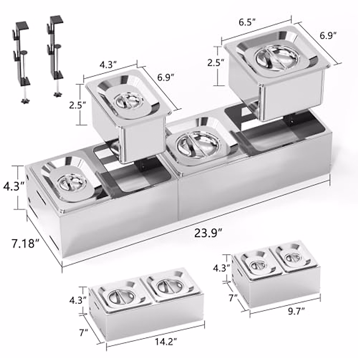 BBQMall Pizza Topping Station for Grill Cart, Universal Condiment Serving Container for Outdoor Grill Stand, Stainless Steel Seasoning Containers with Lid, 4 Compartment Trays for Prepping Ingredients